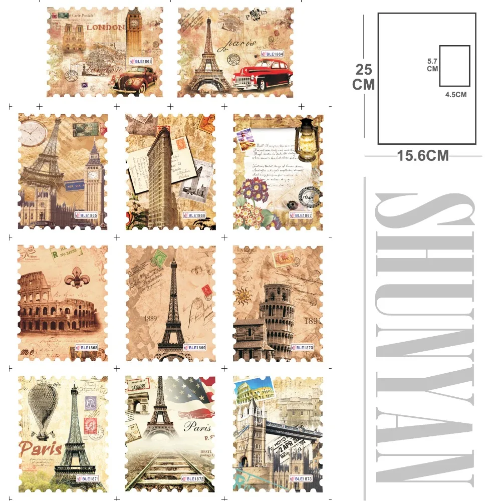 YaoShun 11 sheets Postage Stamps Map Designs Stickers Vintage Design ...