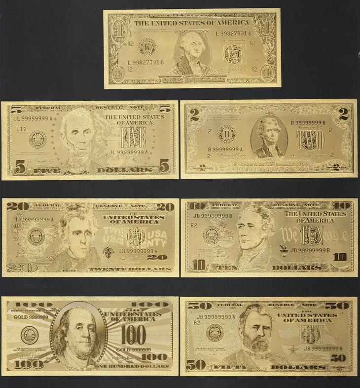 24k Gold Foil Commemorative Banknotes Full 7PCS US Dollars Set American ...