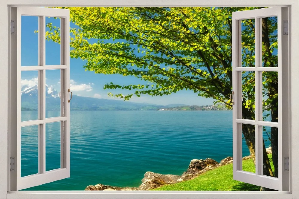 Free shipping 3D Window Stickers Riverside Huge Tree Wall Decal Art ...