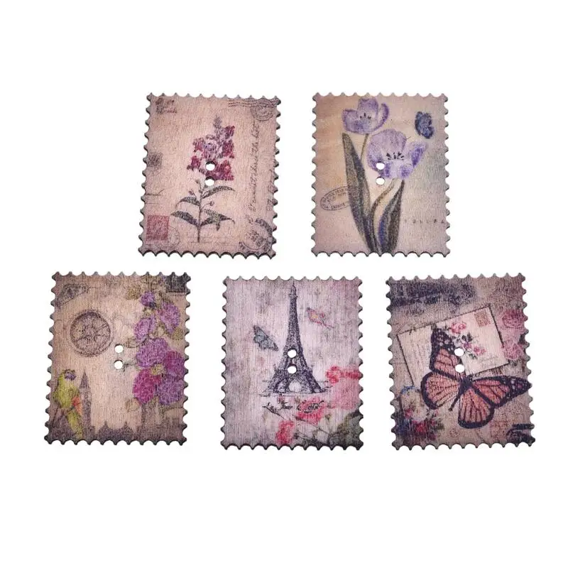 50Pcs Mixed Stamp Shaped Wood Button Decorative Wooden Buttons For ...