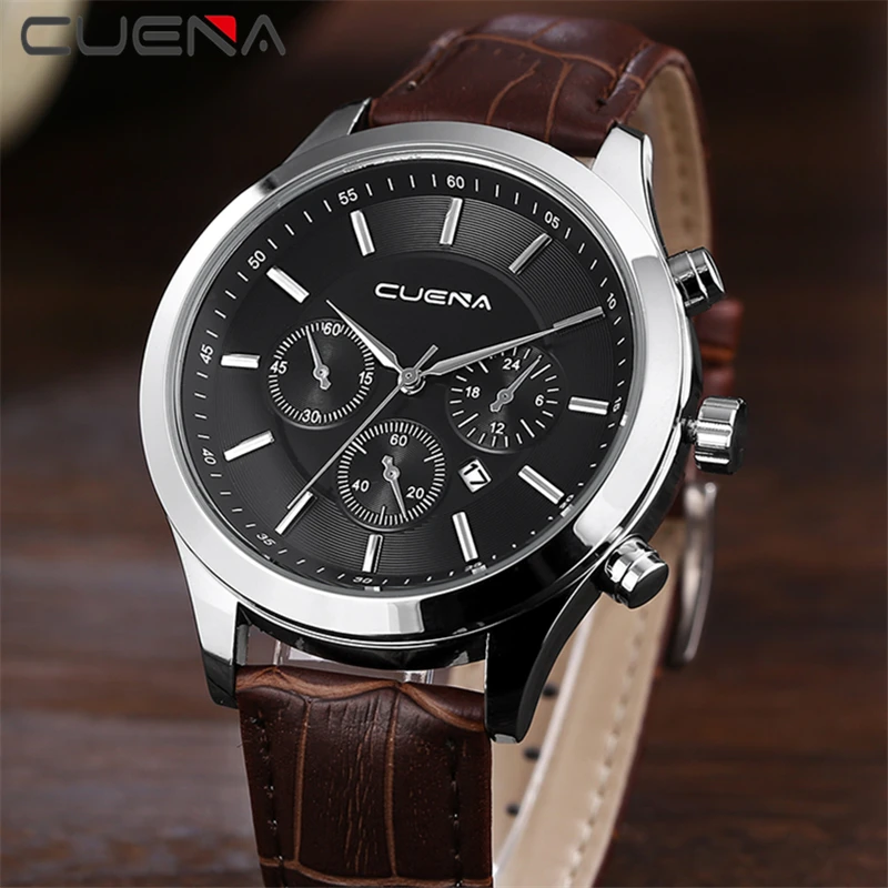 CUENA Mens Watches Top Brand Luxury Analog Quartz Watch Men Leather ...