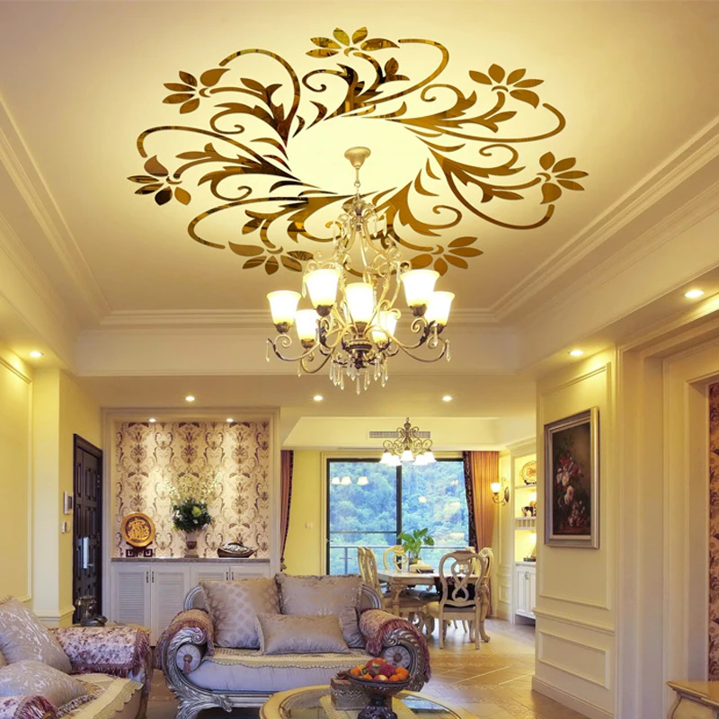 Ceiling decorations 3d acrylic mirror wall stickers flower living room ...
