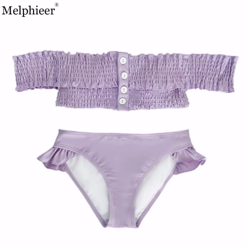 Girls Off Shoulder Sleeve Bikini Chest Button Purple Bikinis Set