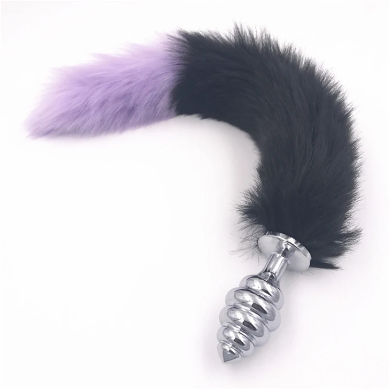 Stainless Steel Fox Tail Anal Plug Black With Purple Tail Butt Plug