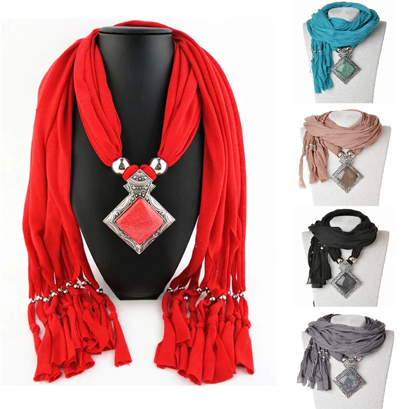 New Women Resin Rhinestone Gem Pendant Fabric Shawl Scarf Necklace ...