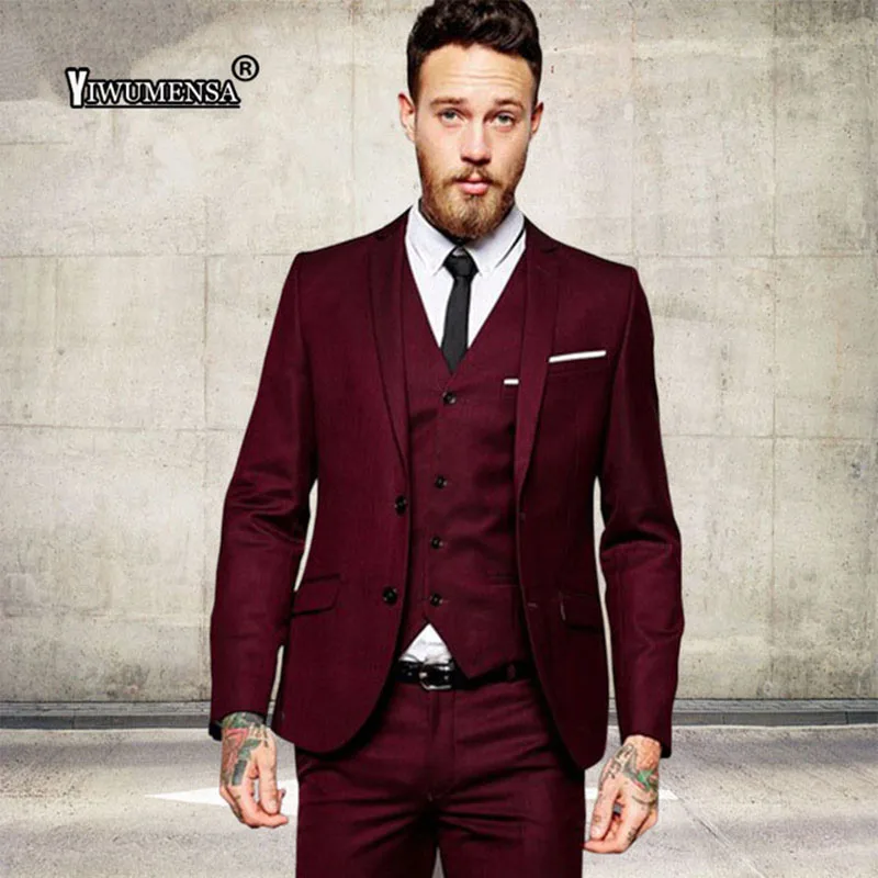 Conjunto de 3 piezas de esmoquin para hombre, traje de color rojo vino ...