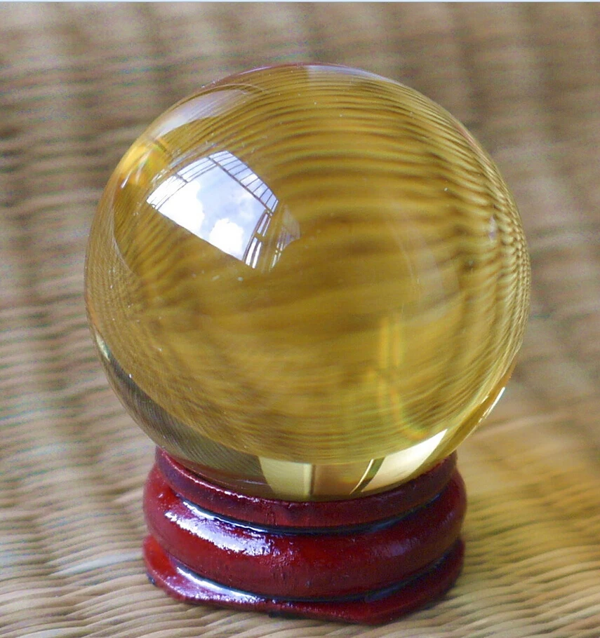 38mm+Stand Asian Rare Natural Yellow glass Crystal Healing Ball Sphere ...