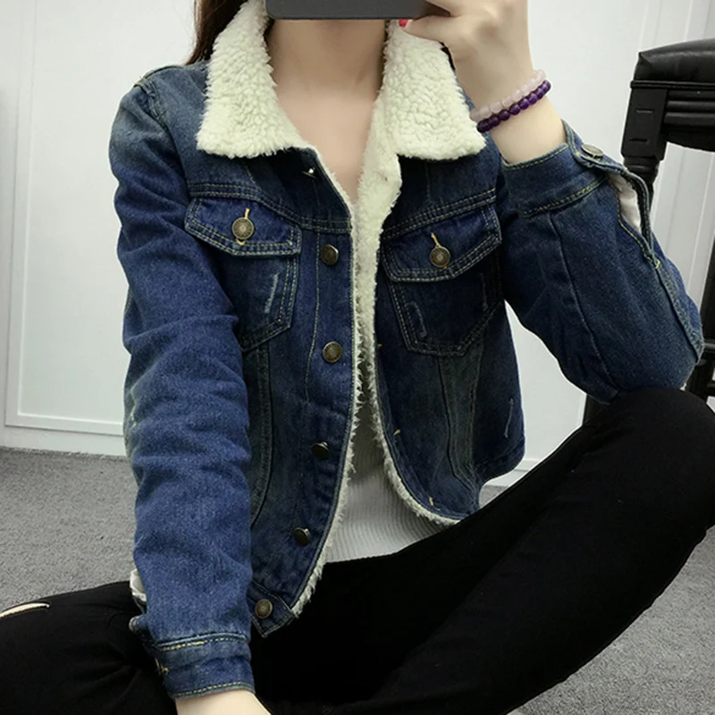 Autumn Winter Women Lambswool Coats Pockets Long Sleeves Thick Warm Jeans Coat Outwear Wide