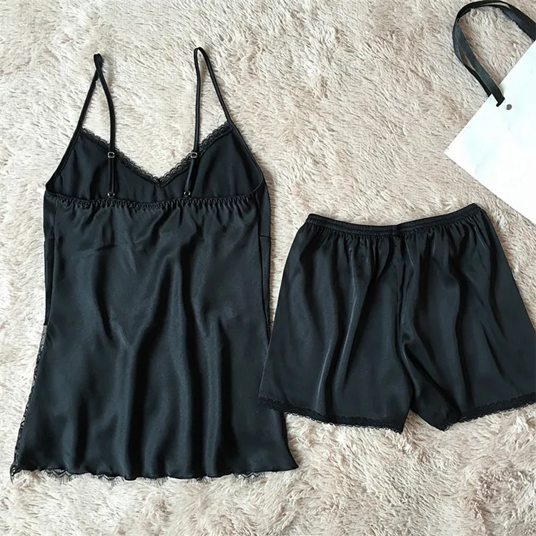 Tinyear Ladies Sexy Silk Satin Pajama Set Lace Pyjama Set Sleeveless ...