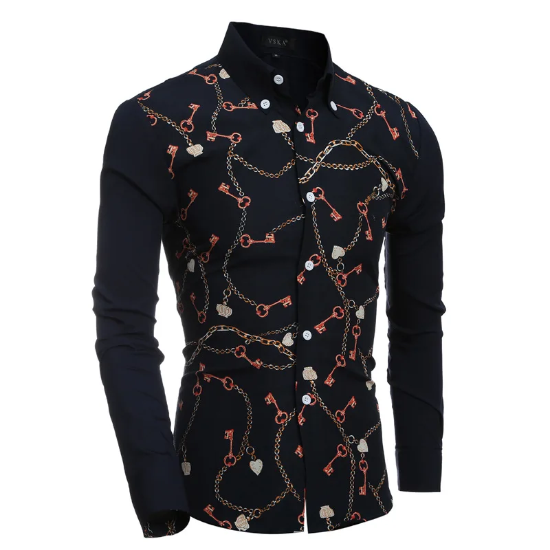 2017 Spring Key Print Men Shirts Long Sleeve Mens Casual Shirt Slim Men ...
