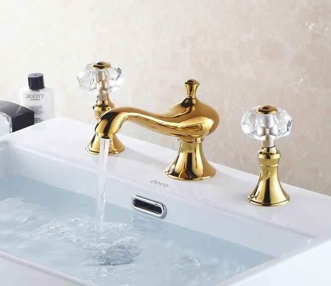 Crystal Gold Ti PVD Two Handles Brass Bathroom Vanity Sink / Basin ...