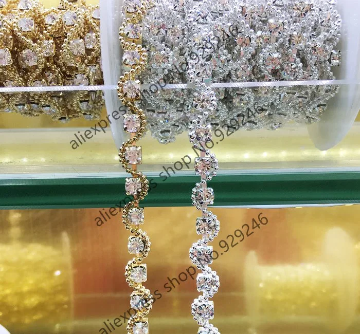 1 yard/pack 0.7cm thin clear crystal chain in wave shape gold ball ...