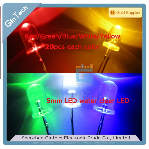 100PCS 5 value Ultra Bright red, green, yellow, blue, white LEDs,5mm ...