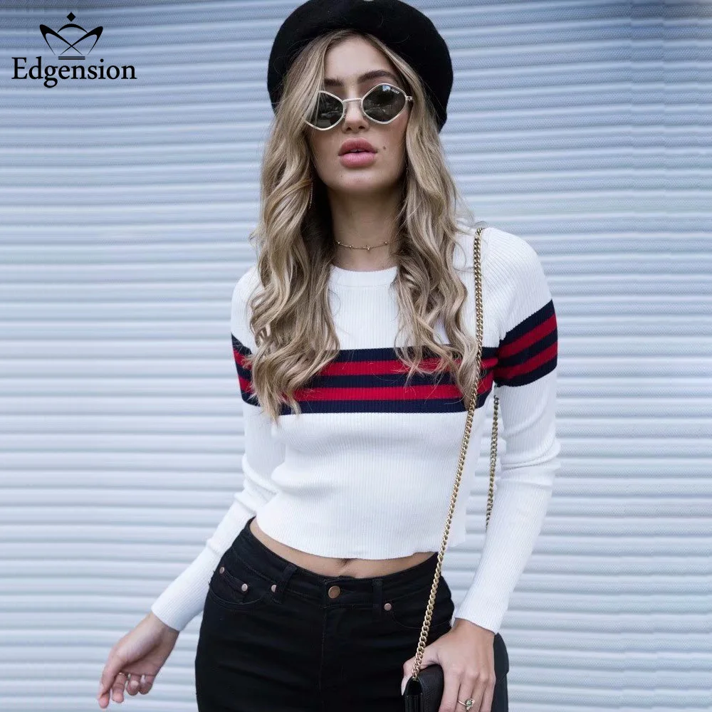 Edgension Cute Red Stripes Short Crop Sweaters New 2018 Autumn Fashion ...