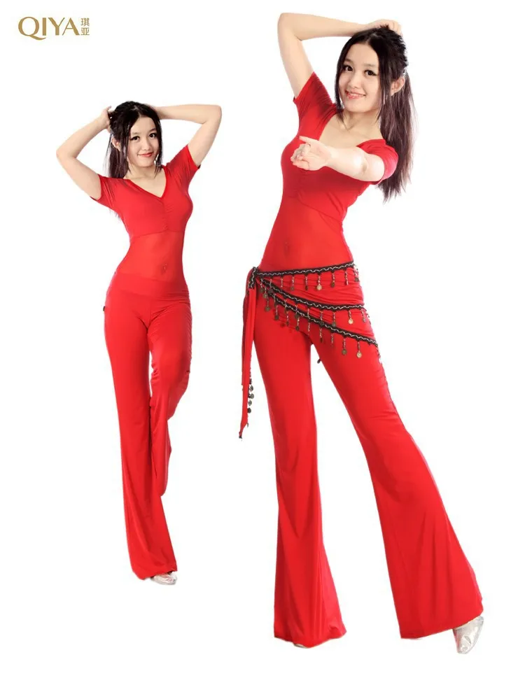 New Style Belly Dance Costume Sexy Gauze Top Crystal Cotton Pants 2pcs