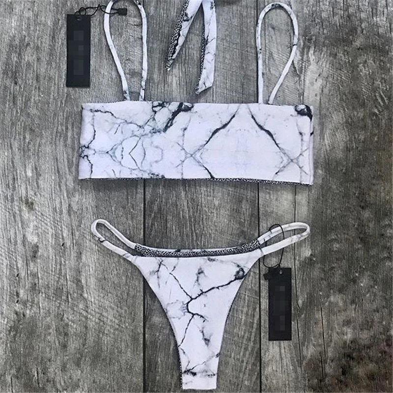 Sexy Marble Print Bandeau Bikini Low Waist Swimwear Women Swimsuit