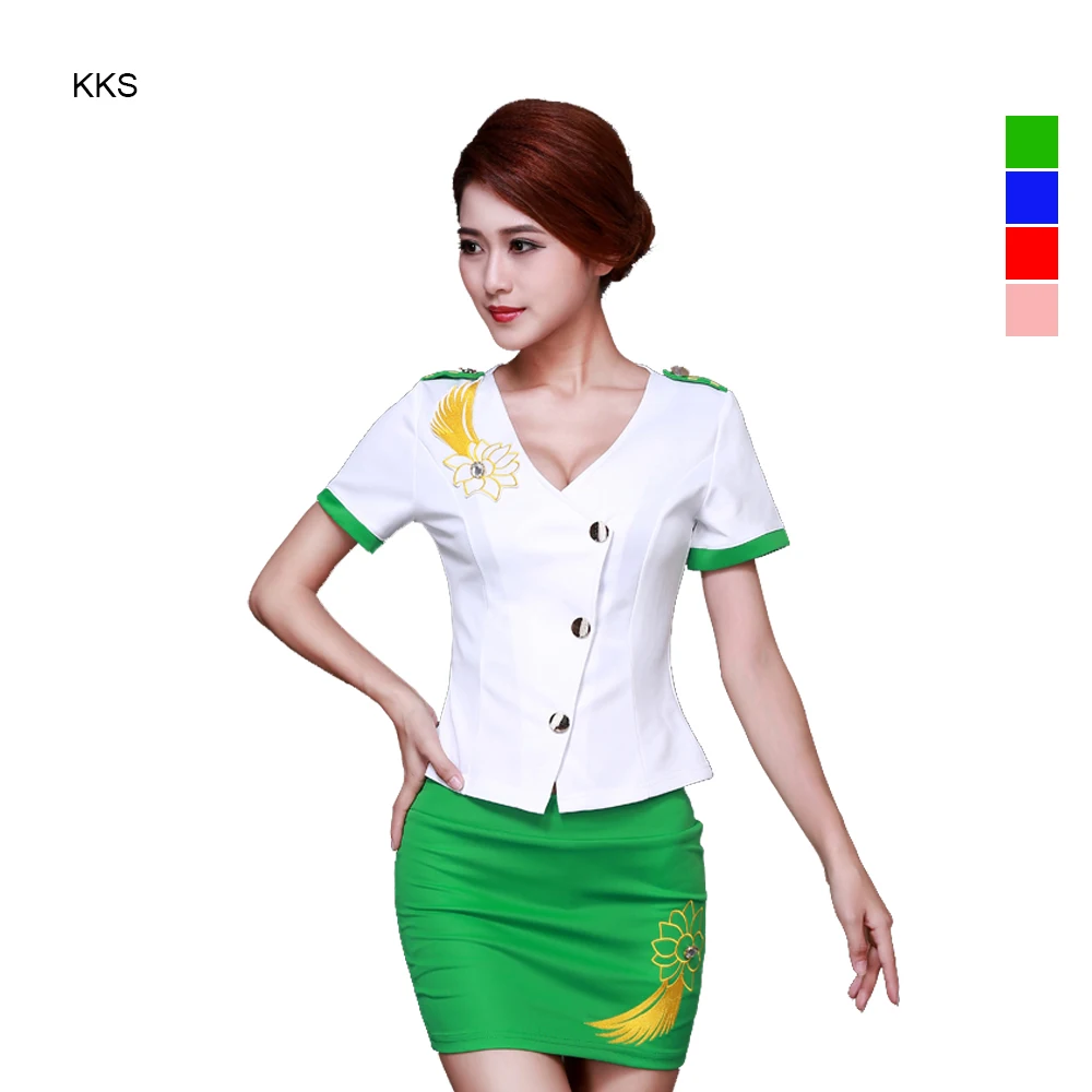 Asian Size Women Slim Fit Hotel Waitress Uniform Set Embroided Crop Top ...
