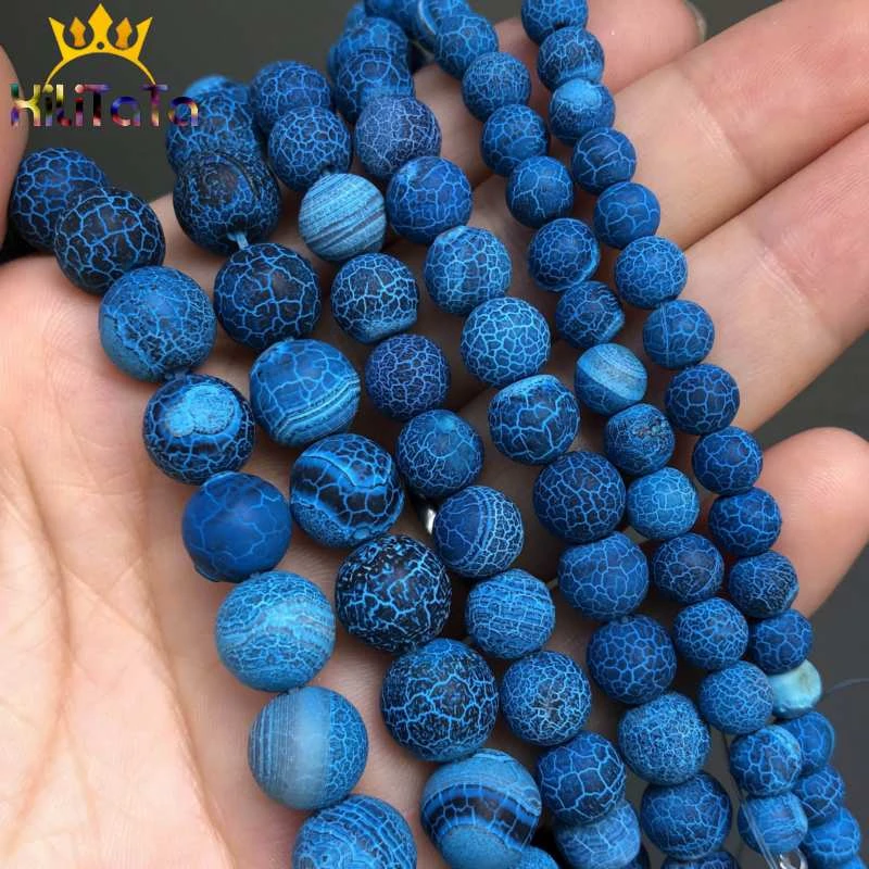Natural Stone Beads Frost Dark Blue Cracked Dream Fire Dragon Veins ...