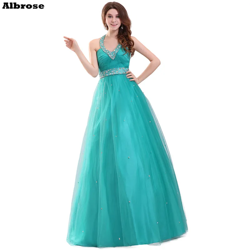 Turquoise Tulle Sexy Halter Evening Dress Crystal Beaded A Line Formal ...
