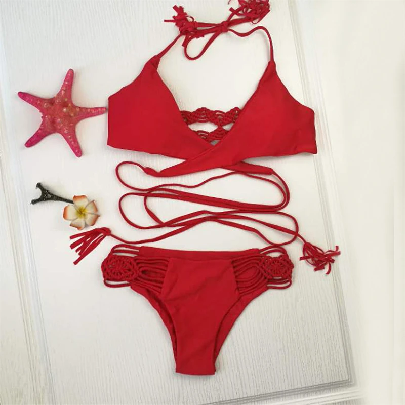 Hongfenyueding Red 2017 Bikini Swimsuit Bandeau Bikini Set Print Thong