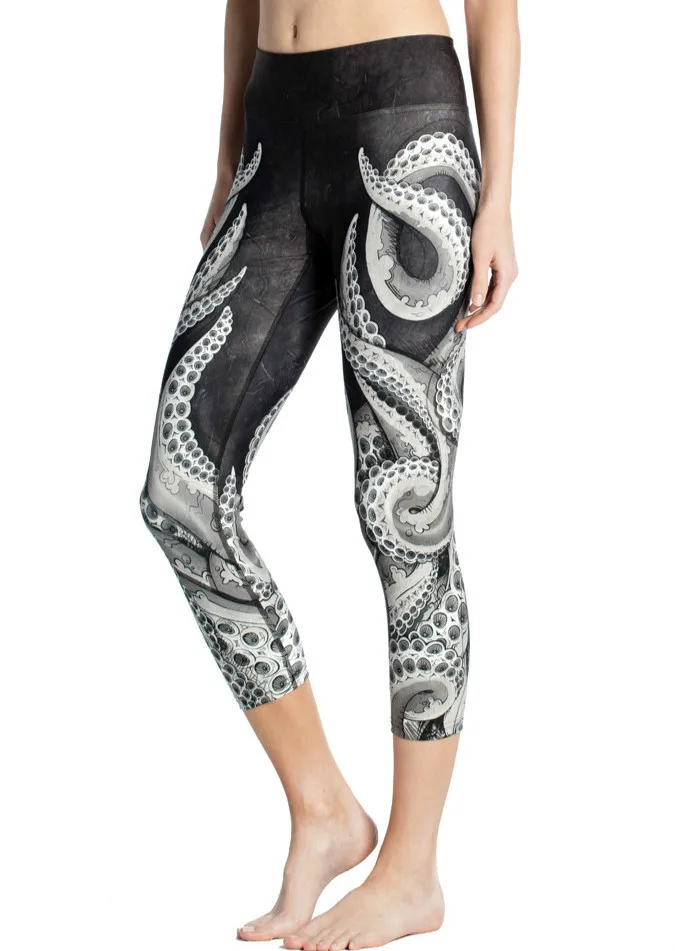 Mwbay Womens Squid Print Capri Pants Tight Fitting Slim 2018 Fsahion Printing For Exercise