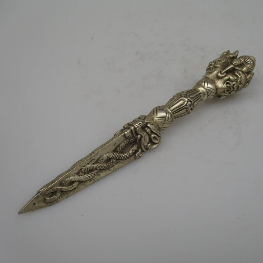 Collectible Decorated Old Handwork Tibet Silver Carved Buddha Knife ...