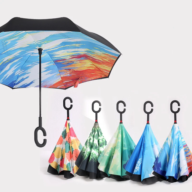 Inverted Umbrella Double Layer Sun Parasol Women Rain Reverse Umbrellas ...