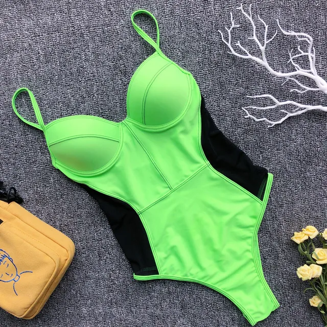 Solid Sexy Bathing Suit One Piece Suits See Through Swimwear Women Padded Bra Push Up Bikini