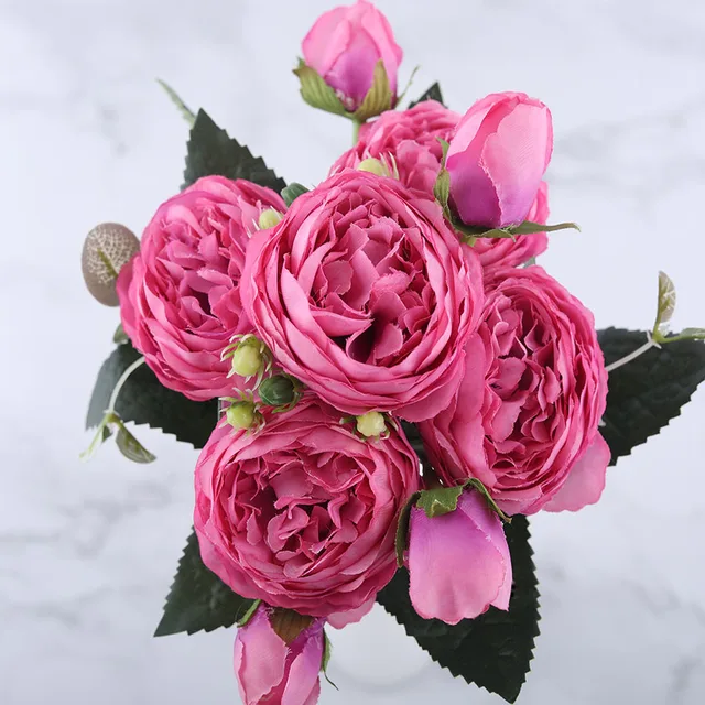 30Cm Rose Roze Zijde Pioen Kunstbloemen Boeket 5 Groot Hoofd En 4 Bud ...