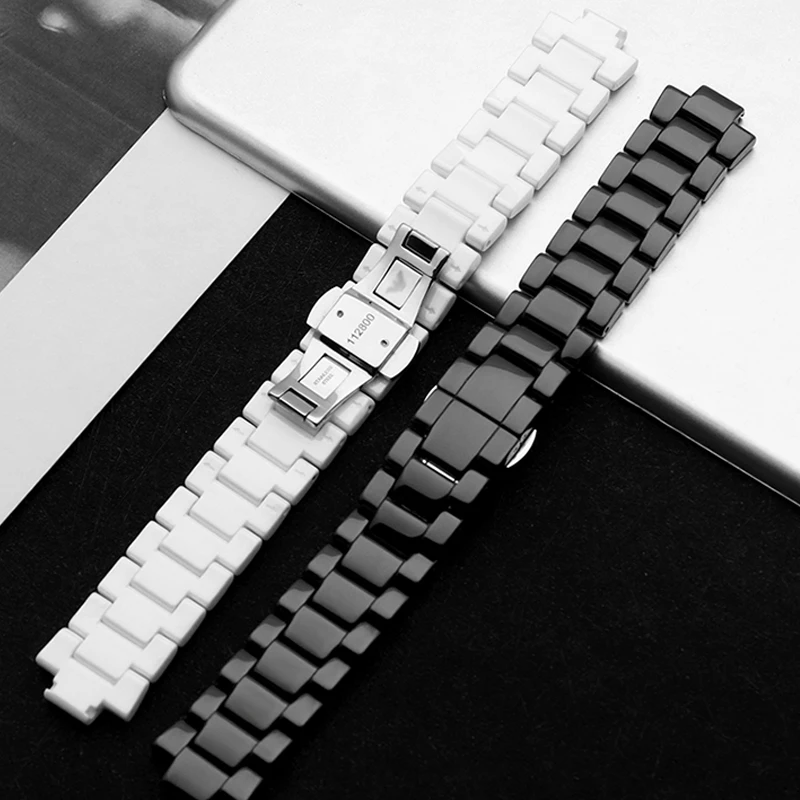 High-end Black / White Ceramic Watch Strap 22mmx11mm Watchband Ceramic ...