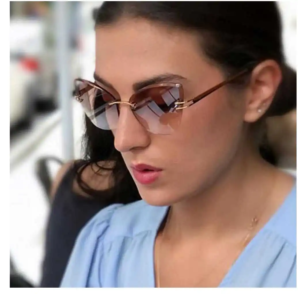 Olho de gato Óculos De Sol para Senhoras Óculos de Sol Das Mulheres Designer De Marca Sem Aro ...