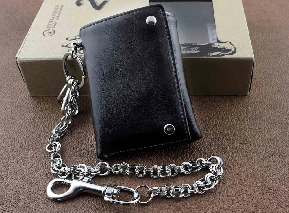 Mens Boys Trifold Leather Biker Trucker Wallet With A Long Metal Ring ...