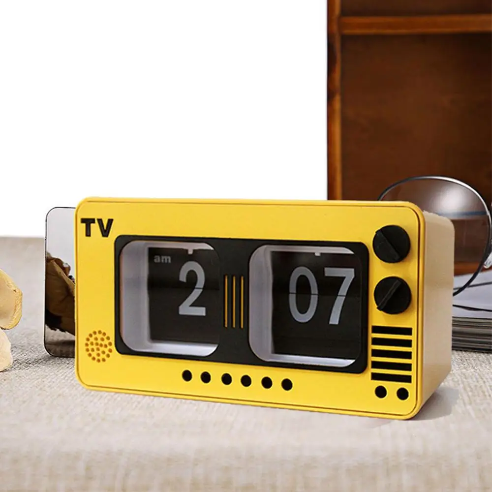 Retro Yellow TV Clock Automatic Flip Clock Fashion Creative Home Table ...