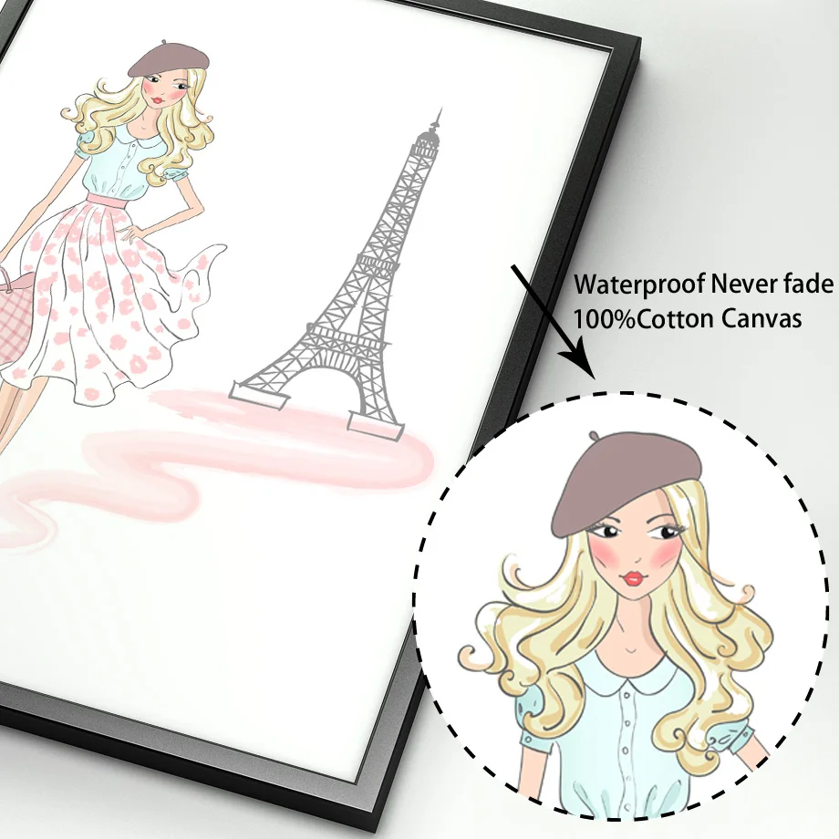 Cartoon Pink Girl Paris Tower Quotes Wall Art Canvas Painting Nordic ...