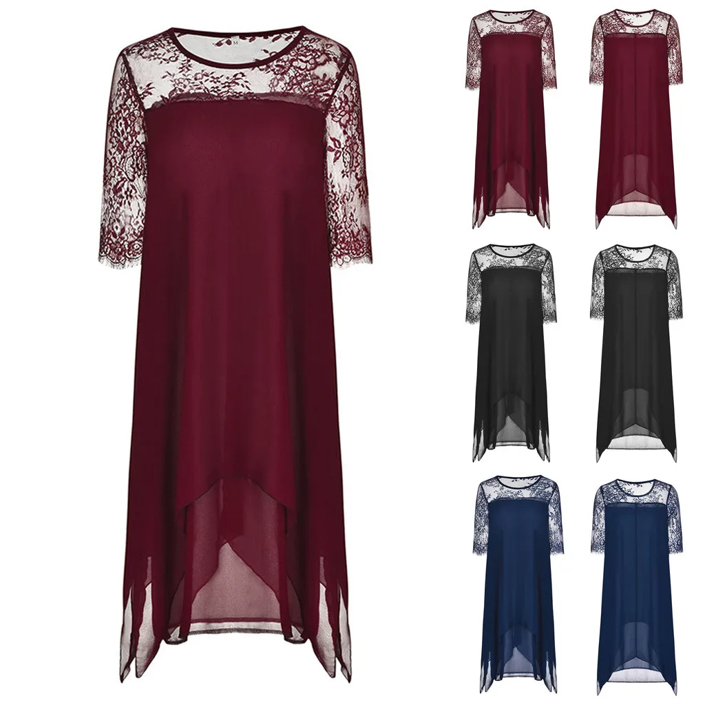 Feitong Elegant Women Summer Shoert Sleeve O Neck Lace Patchwork Casual