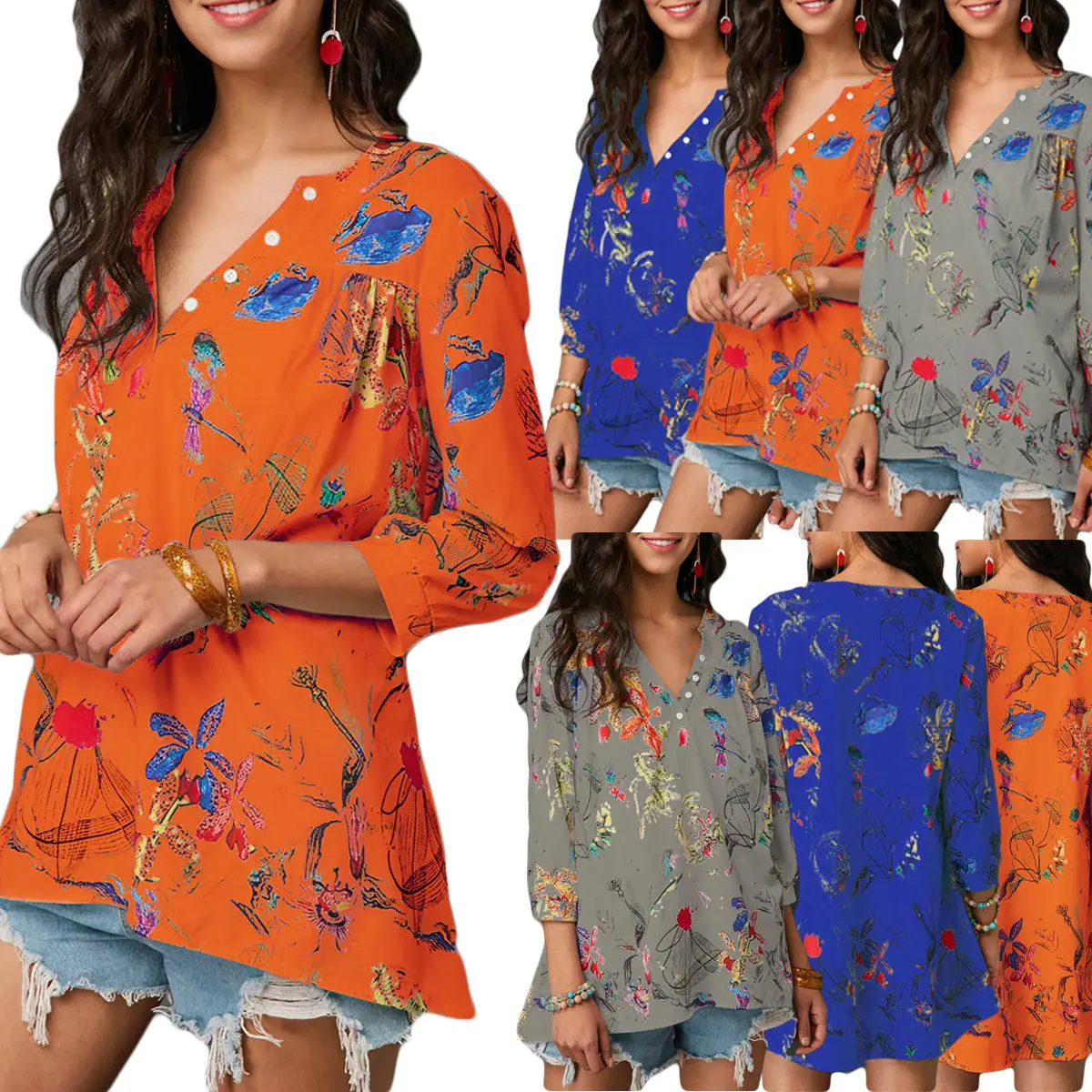 Plus Size Spring Summer Women Button Long Sleeve Floral Print Shirts V ...
