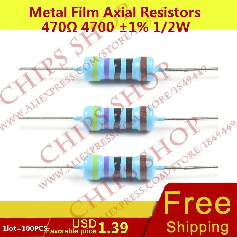 1LOT=100PCS Metal Film Axial Resistors 470ohm 4700 1% 1/2W 0.5W ...