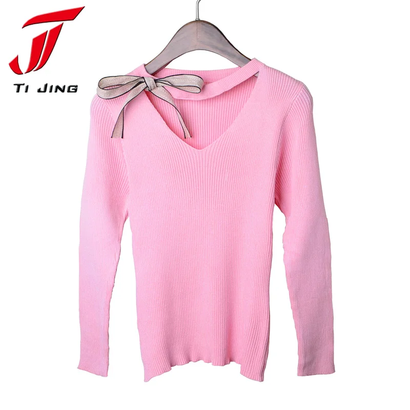 women spring long sleeves thin sweaters new fashion V neck bow sweet ...