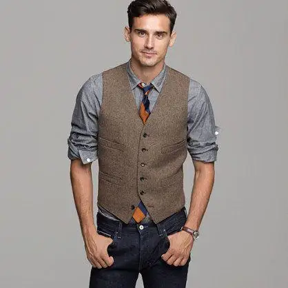 Brown Wool Herringbone Tweed Vest Men's Suit Vests Slim fit Groom Vests ...