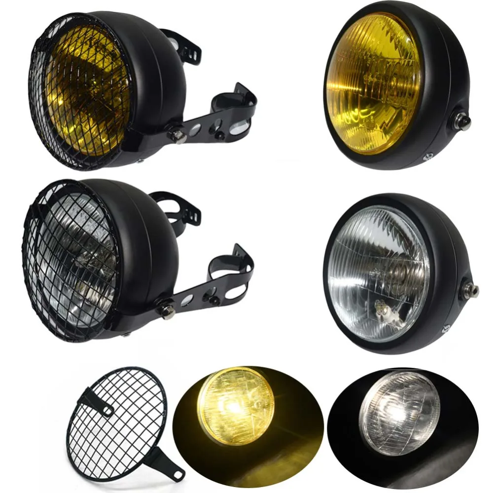 Motorcycle Headlight Yellow Clear Cafe RacerLamp Metal 8mm Side Mount ...