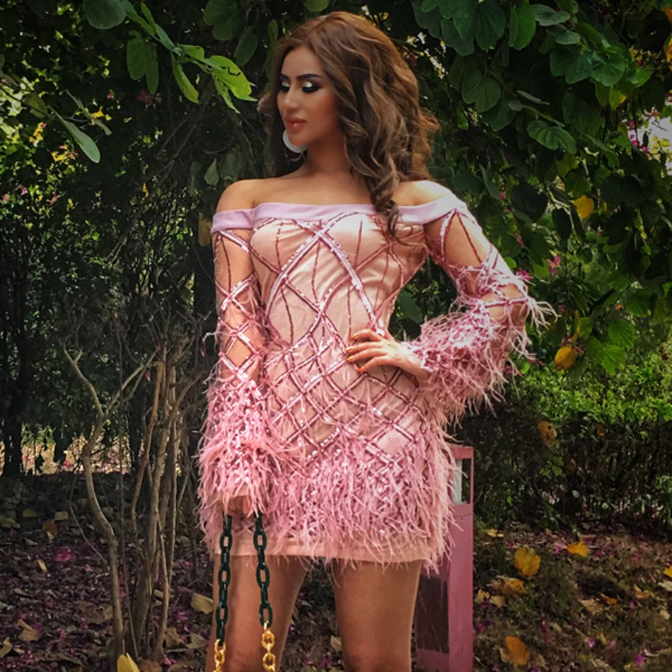S Curve Sequin Feather Embellished Lace Mesh Bodycon Dress Off Shoulder