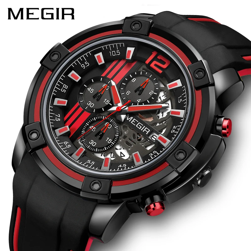 MEGIR New Red Mens Sport Watches Chronograph Silicone Band display Dial ...
