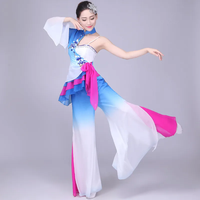 Blue Fuchsia Gradient Ancient Traditional Fan Dance Younger Chinese
