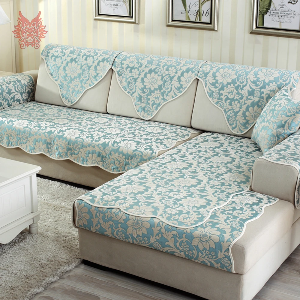 Europe pastoral style luxury sky blue floral jacquard sofa cover ...