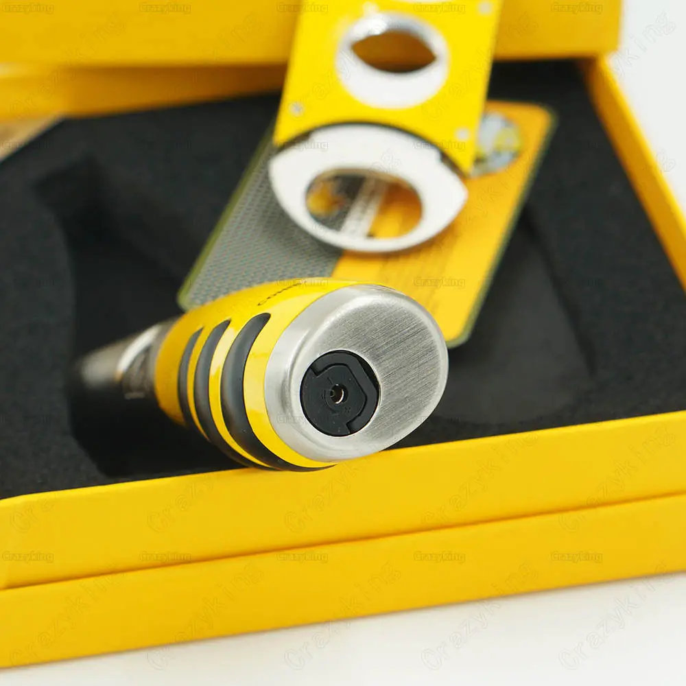 Yellow & Silver Metal Torch Jet Flame Cigar Lighter With Cutter Gift ...