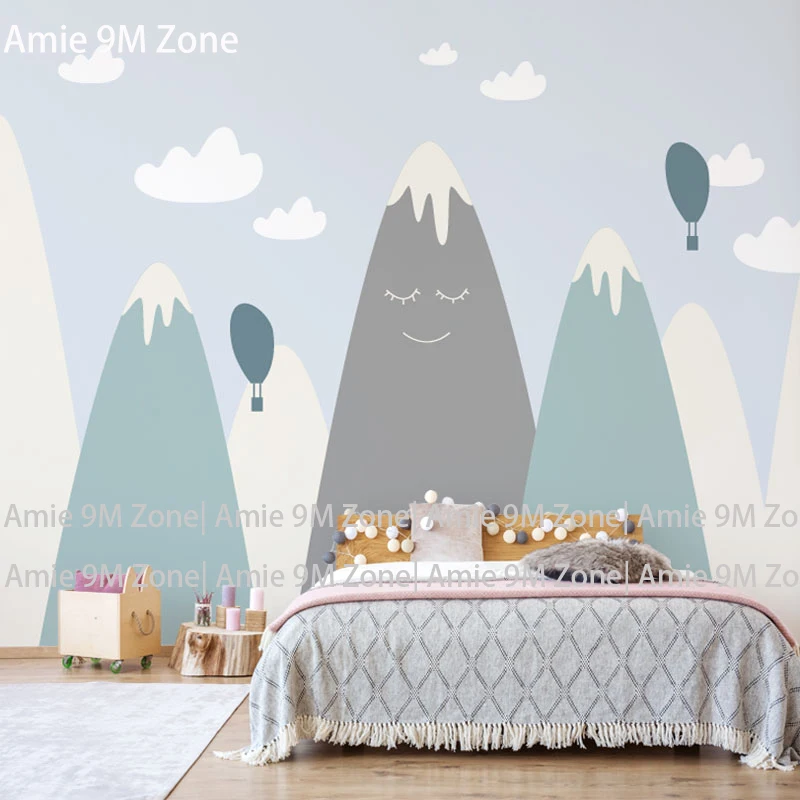 pale green and blue cartoon moutain for kid's room wallpapers drawing ...