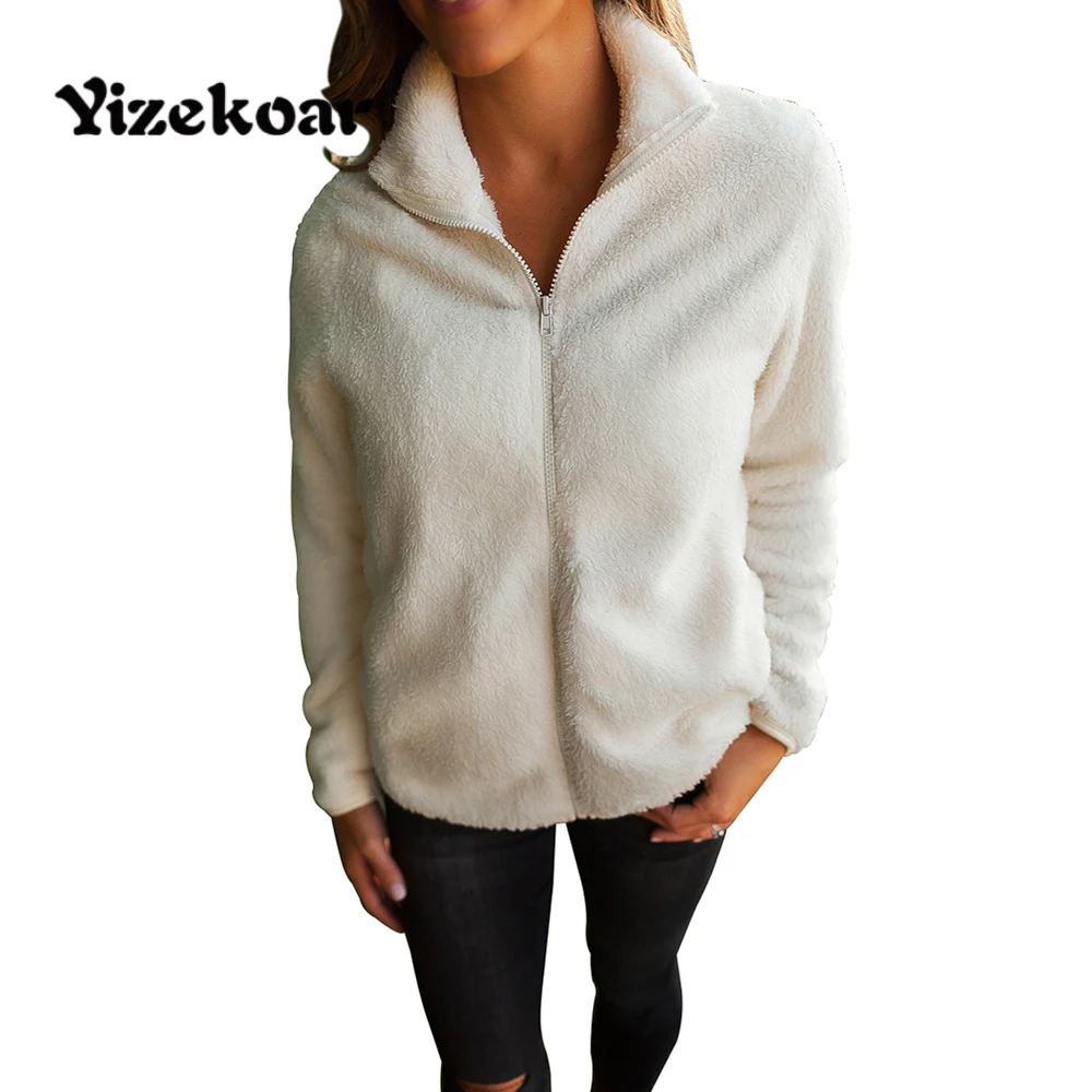 Yizekoar Winter White Fuzzy Zip up Fleece Jacket for Women Folded ...