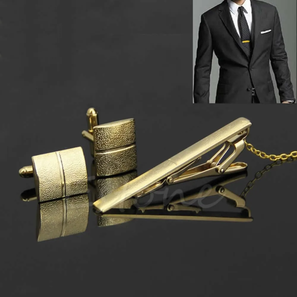 Men Plating Metal Necktie Tie Bar Clasp Clip Cufflinks Set Gold Simple