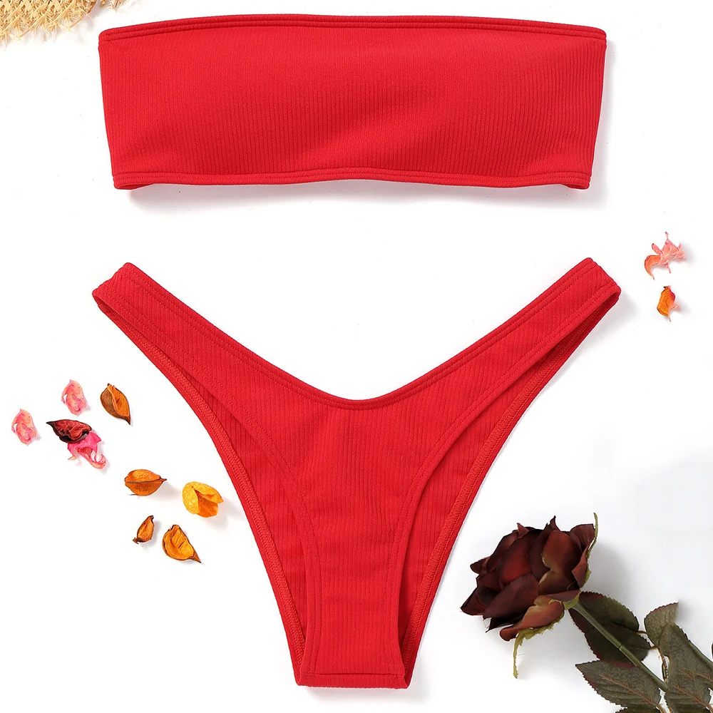 Langstar Bandeau Bikini Ribbed Swimwear Women High Cut Swimsuit Sexy