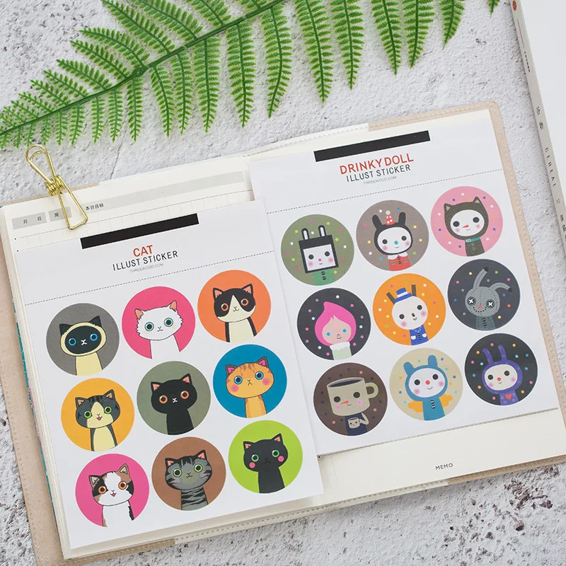 2-Pack-4-Sheets-Tags-Round-Cute-Cat-School-Stationery-Sticker ...